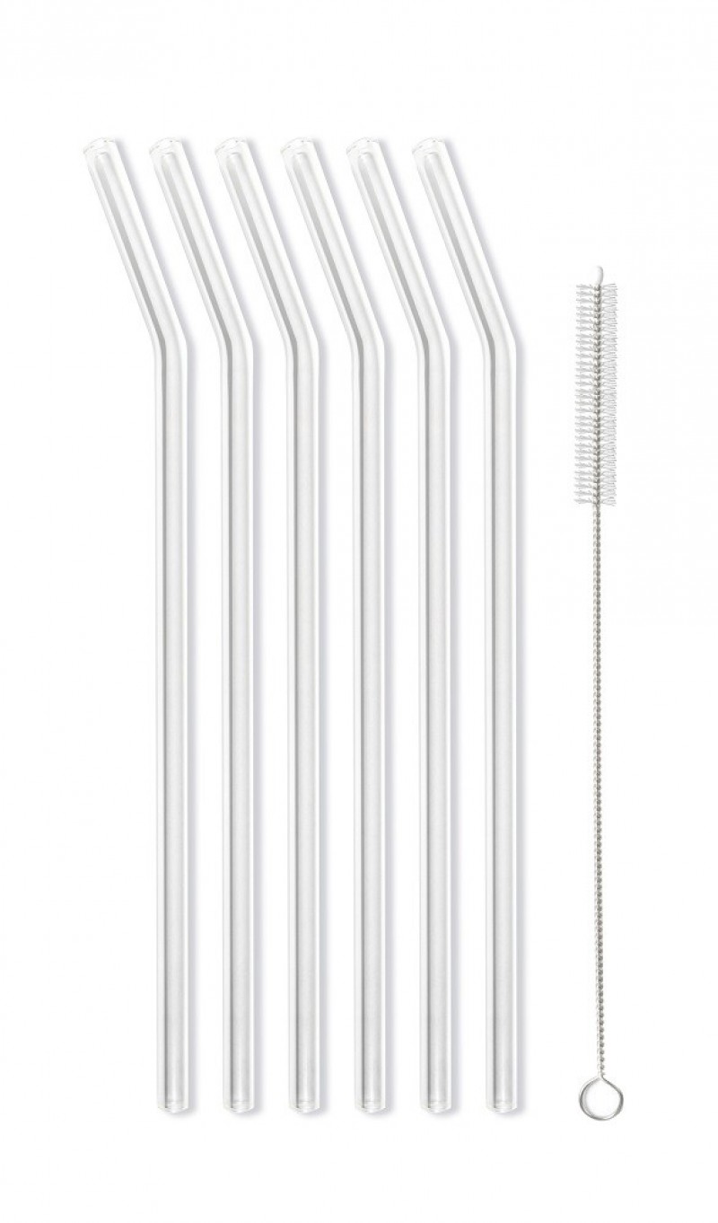 Glas-Strohhalm 23 cm |mit Reinigungsbürste, gebogen, transparent